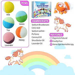 Yekery Bath Bomb Gift Set with Toys Inside, 20 Pack Organic Bath Bombs for Kids, Kids Safe Handmade Fizzy Balls for Kid, Ideal Birthday Gift for Boys & Girls