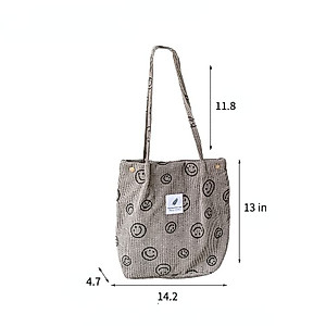 AONUOWE Preppy Smiley Face Tote Bag, Aesthetic Corduroy Tote Shoulder Bags for Women Teen Girls Cute Stuff for School Work Travel (Beige,One Size)