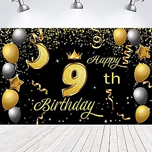 Sweet Happy 9th Birthday Backdrop Banner Poster 9 Birthday Party Decorations 9th Birthday Party Supplies 9th Photo Background for Girls,Boys,Women,Men - Black Gold 72.8 x 43.3 Inch
