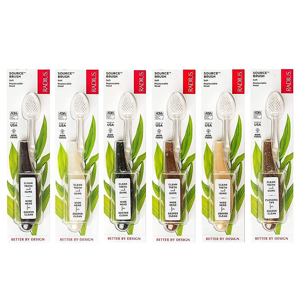 RADIUS Toothbrush Source Floss Brush BPA Free & ADA Accepted Improve Gum Health & Reduce Gum Issues - Soft - Assorted Colors - Pack of 6
