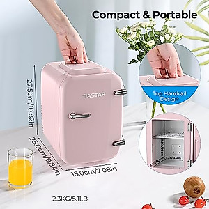 Tiastar Mini Fridge, 4 Liter /6 Cans Skincare Fridge for Bedroom, Dorm, Car, Office, 110V AC/ 12V DC Small Fridge, Thermoelectric Cooler and Warmer, Pink