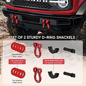 TICONN 2 Pack D Ring Shackle with 7/8" Screw Pin 57,000Ibs Break Strength, 3/4" Heavy Duty Shackles with Isolator & Washers for Tow Strap Winch Off Road Vehicle Recovery (Red/Black2)