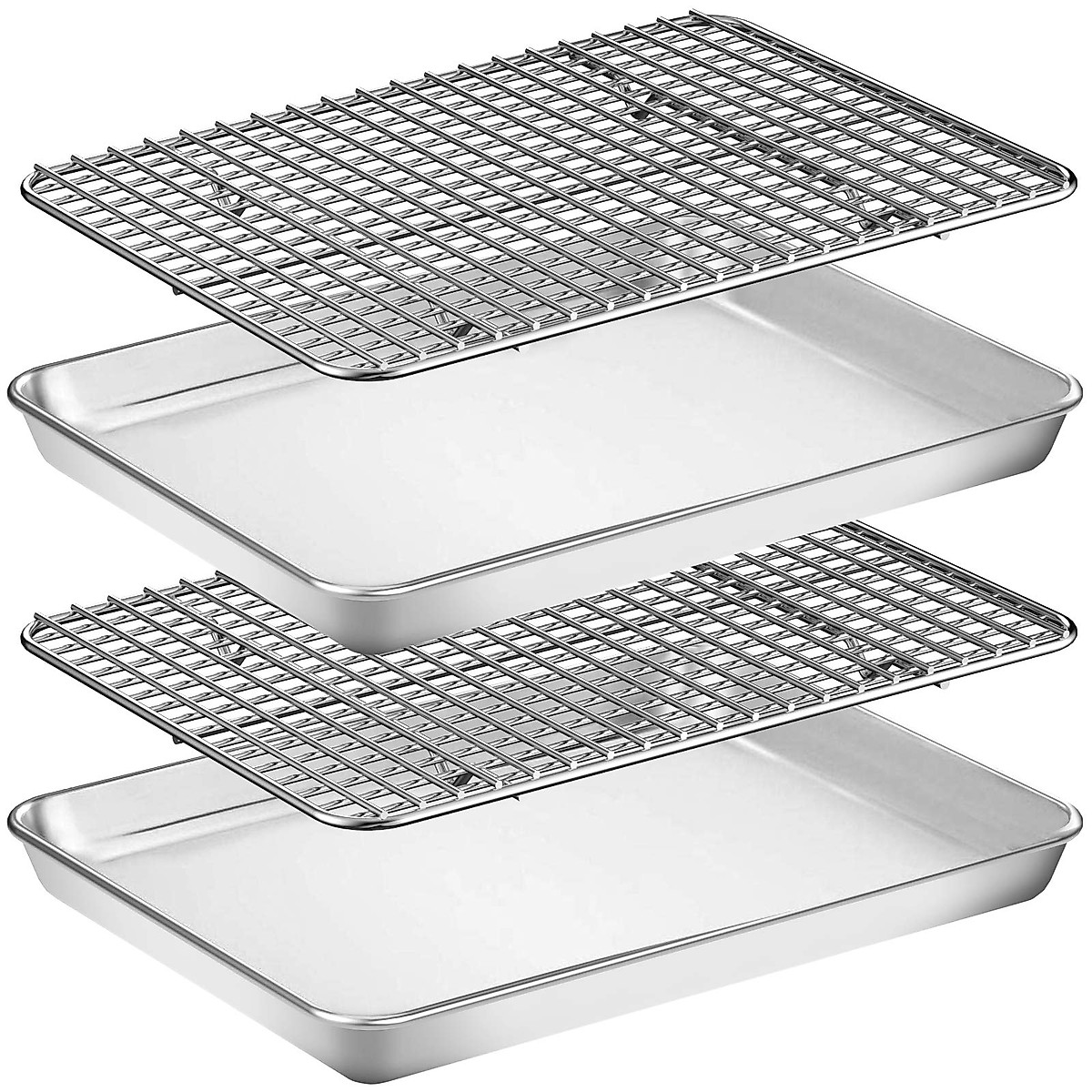 Baking Sheet with Rack Set [2 Pans + 2 Racks], Wildone Stainless Steel Cookie Sheet Baking Pan Tray with Cooling Rack, Size 12 x 10 x 1 Inch, Non Toxic & Heavy Duty & Easy Clean