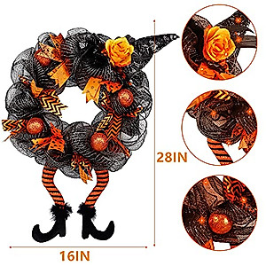 yosager Halloween Wreaths, Halloween Decorations Witch Hat and Legs Wreath, Lighted with 30 LED Orange Lights, Front Door Wall Light up Wreath Ornaments Holiday Party Thanksgiving Decor