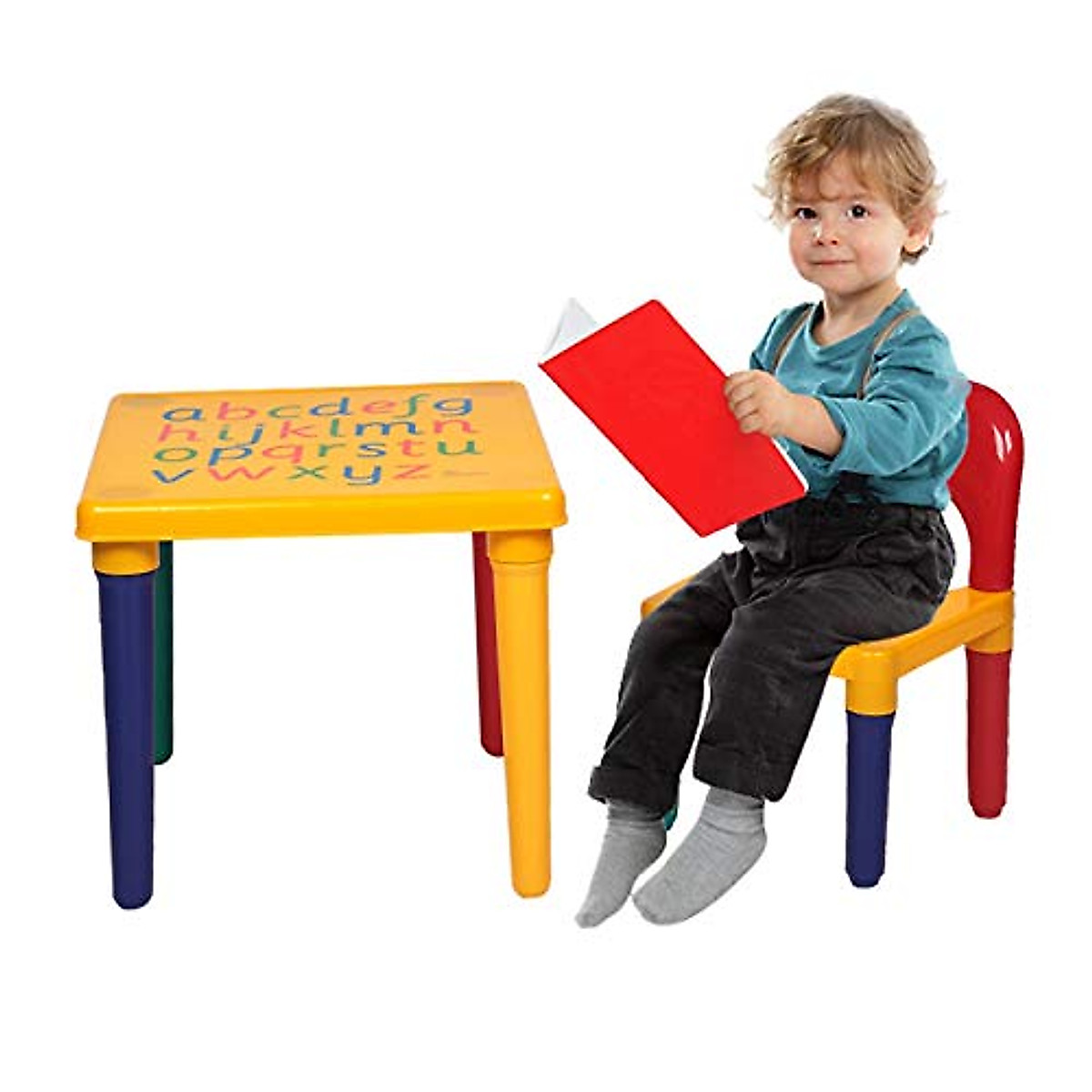 Table and Chair Set, Toddler Alphabetic Learning Activity Desk, Multicolor Children Letter Table Chair Set, Yellow & Red