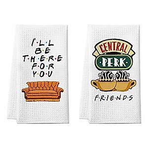 Homythe Friends TV Show Kitchen Towels, Friends Merchandise Gifts Kitchen Decor, 2 Pack Cute Friends Dish Towels, Central Perk & I'll Be There for You - Birthday Housewarming Gifts for Friends Fans