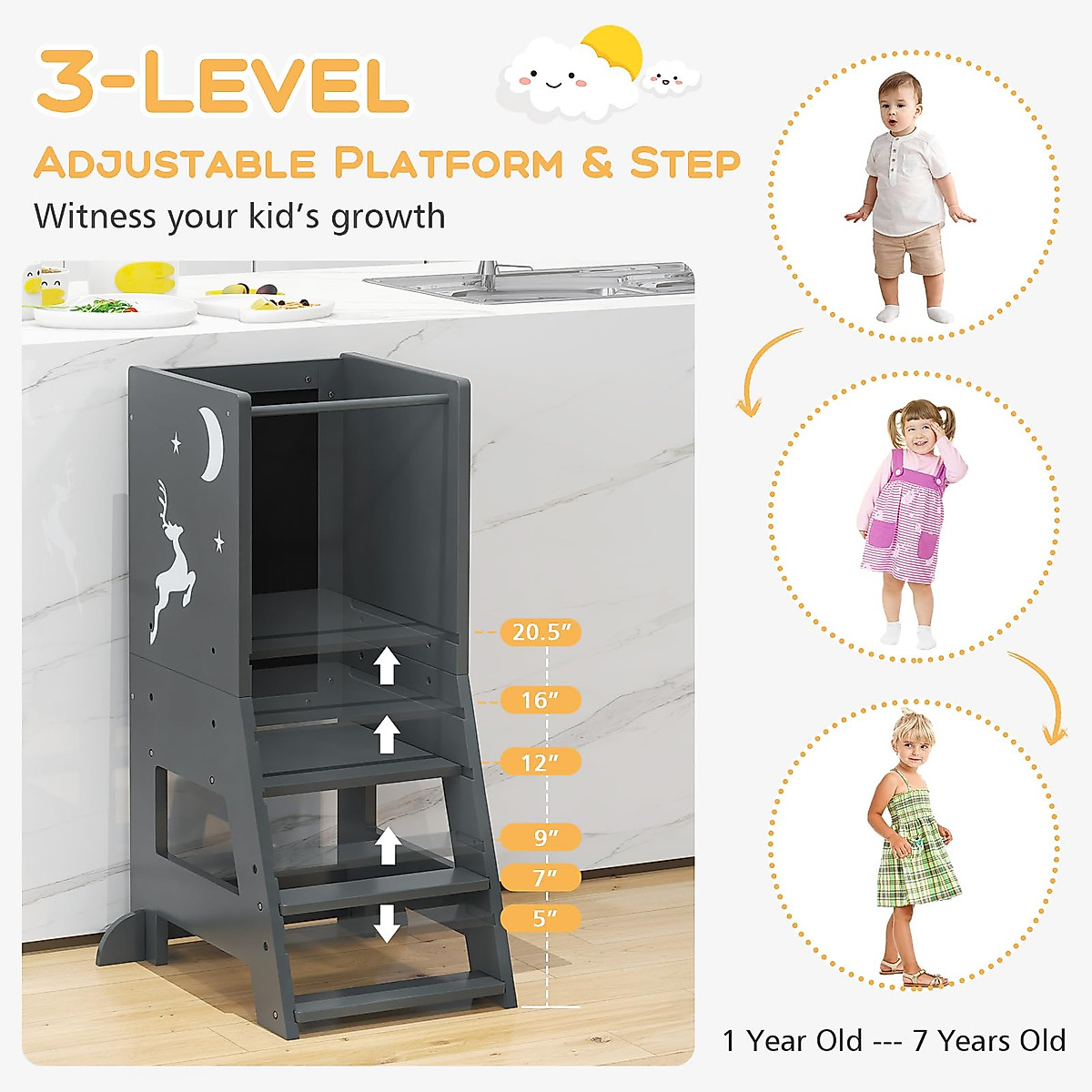 Costzon Toddler Tower, Wooden Kids Kitchen Stool Helper with Height Adjustable Platform, Safety Rail, Whiteboard & Chalkboard, Toddler Step Stool, Standing Tower for Kitchen Counter, Bathroom, Grey