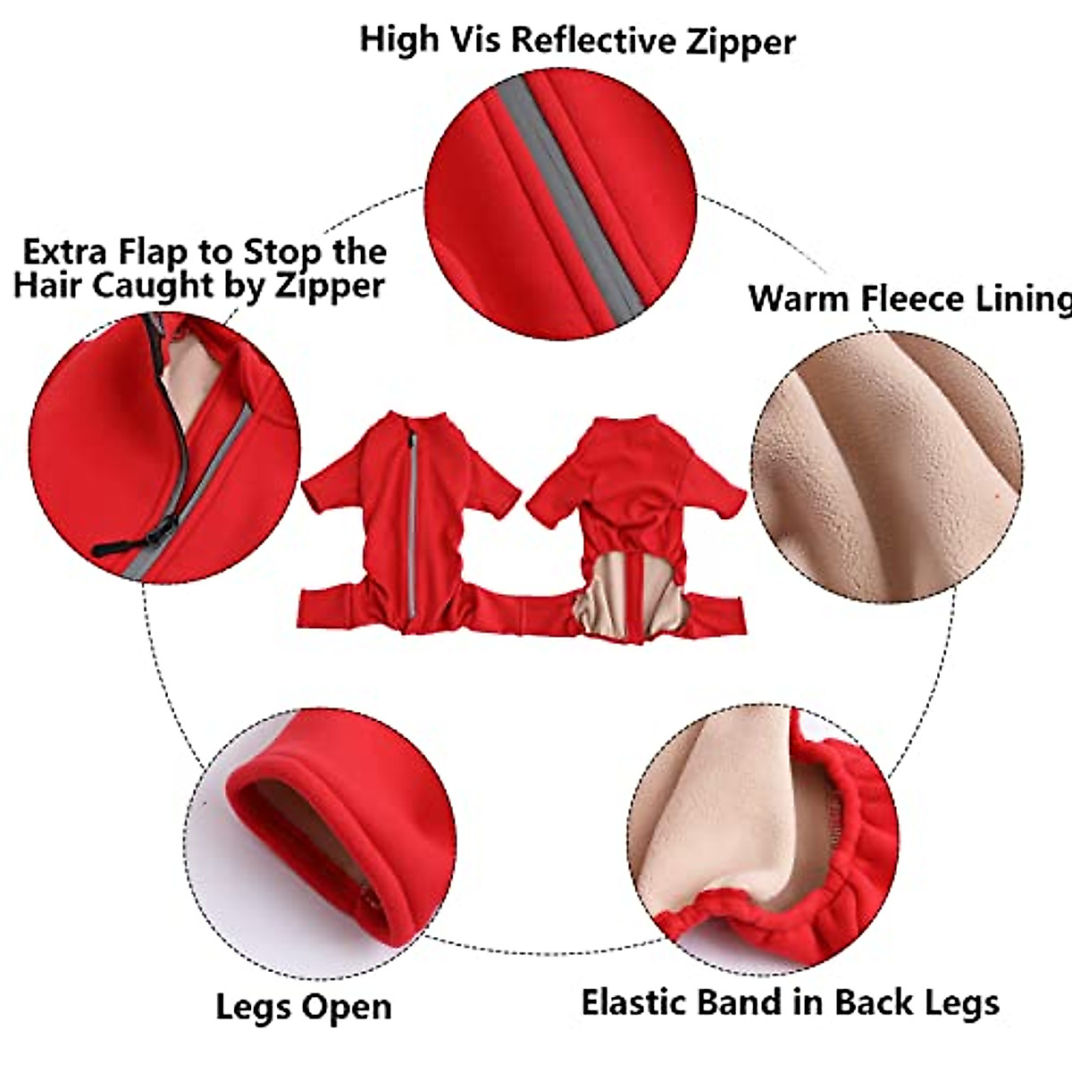 Dog Winter Coat Full Body Warm Coats with Legs Lightweight Fleece Coat Jumpsuit with Reflective Zipper Closure Put on and Off Easy and Safety - Red - M