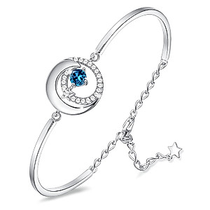 FANCIME London Blue Topaz Bracelets 925 Sterling Silver Moon and Star Bangle Charm November December Birthstone Bracelet Fine Jewelry Birthday Anniversary Christmas Gifts for Her, Chain 6.7"+1.2"