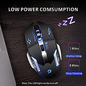 Uciefy T85 Rechargeable Wireless Mouse, 2.4G Ergonomic Silent Gaming Mice Portable Optical with USB Receiver, 3 Adjustable DPI, 6 Buttons LED Lights for Laptop/PC/Chromebook (Black)