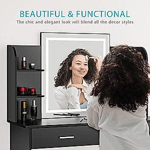 VIVOHOME Makeup Vanity Table Set with 3-Color Dimmable Lighted Mirror, 6 Storage Shelves, 2 Drawers, Cushioned Stool, Black