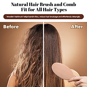 vklw Wooden Hair Brush and Comb, One-piece Design, Reduce Frizz and Static, Massage Scalp, Detangling Paddle Hairbrush for Women, Girls, Kids, Includes Cleaning Claw, 5 Wood Bristles