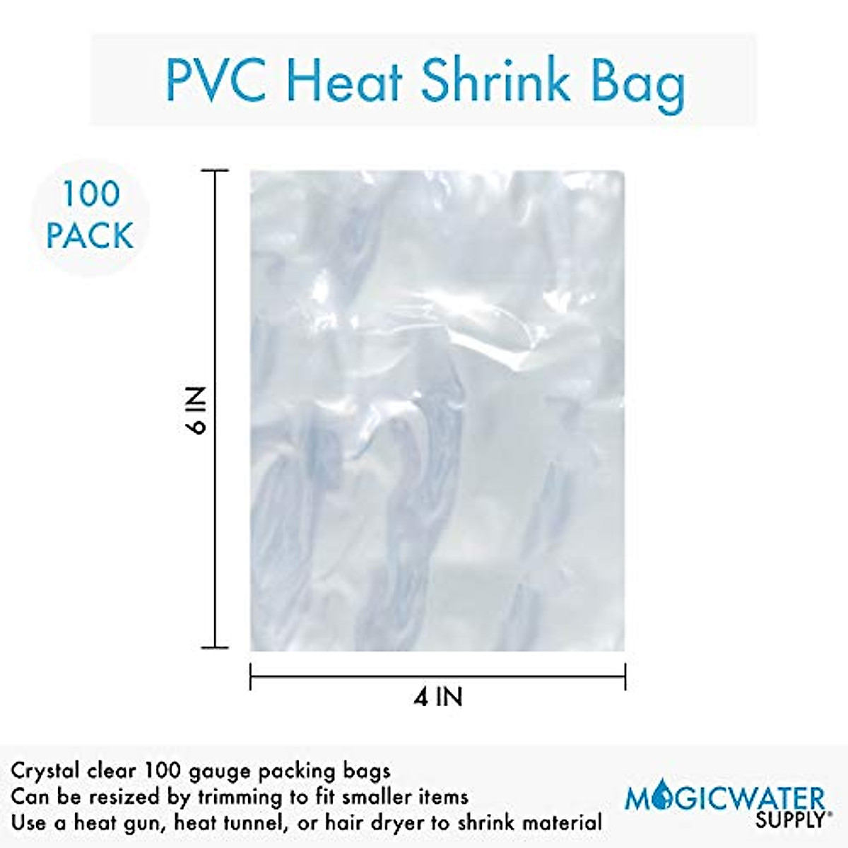 MagicWater Supply 4x6 inch Odorless, Clear, 100 Guage, PVC Heat Shrink Wrap Bags for Gifts, Packagaing, Homemade DIY Projects, Bath Bombs, Soaps, and Other Merchandise (100 Pack)
