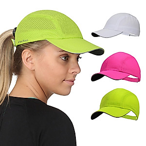 TrailHeads Women's Race Day Performance Running Cap, Lightweight & Quick Drying Mesh Sports Hat with Reflective Trim, Adjustable Fit - White-Cool Green-Pink Punch 3-pk