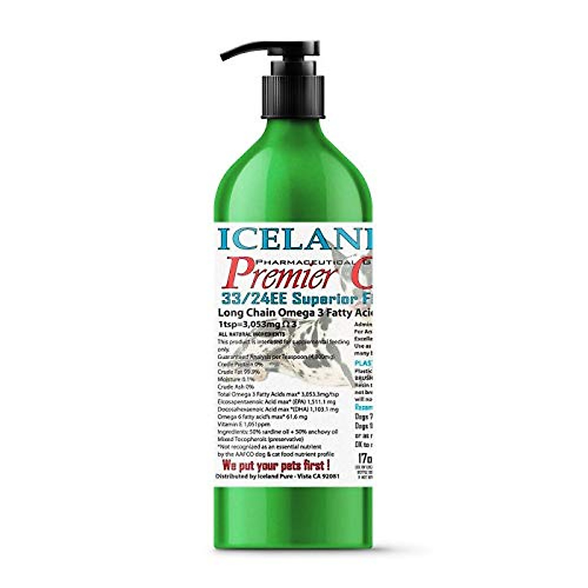 Premier Omega Fish Oil Supplement by Iceland Pure | Wild Caught | 3053mg of Omega-3 per teaspoon | For Large Dog Breeds | Ethyl Ester Distillation | Pump Bottle BPA Free Brushed Aluminum 17Oz