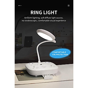 Nsiucion LED Desk Lamp, Adjustable Table Lamp Light with Remote Control, Eye-Caring Dimmable Office Lamp with 2 USB Charging Ports, 4 AC Power Outlets, Phone Stand, Multi Brightness Levels-White