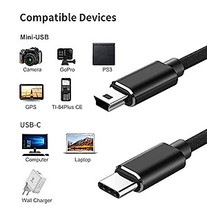 3FT Mini USB to USB-C Cable, USB 2.0 Type C to USB Mini B 5 Pin Charging Cord Braided Support Charge & Sync Compatible with PS3 MP3 Player Dash Camera GPS Hero 3+, USB-C to USB Mini Cable Black