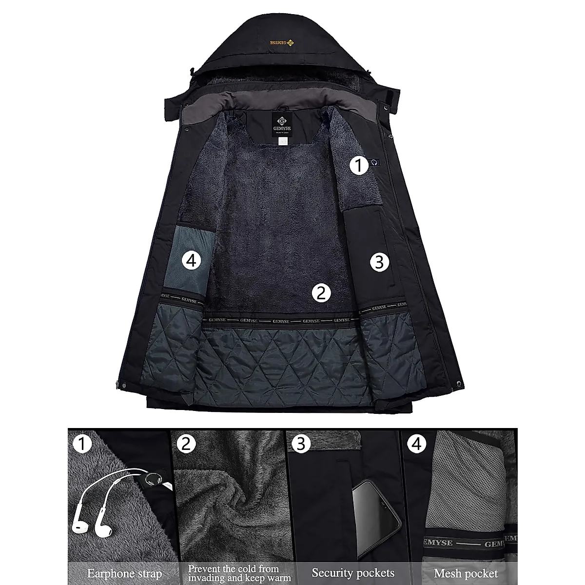 GEMYSE Women's Ski Snow Jacket Warm Winter Waterproof Coat Snowboard Rain Jacket Hooded Windproof Windbreaker（Black,3X-Large）