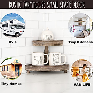 Corner Round Tiered Tray Stand 2 Tier Tray Stand Small Farmhouse Kitchen Decor Coffee Corner Counter Shelf Kitchen Counter Farmhouse Decor Rustic Home Decor Brown Wood Wooden Two Tiered Tray Decor