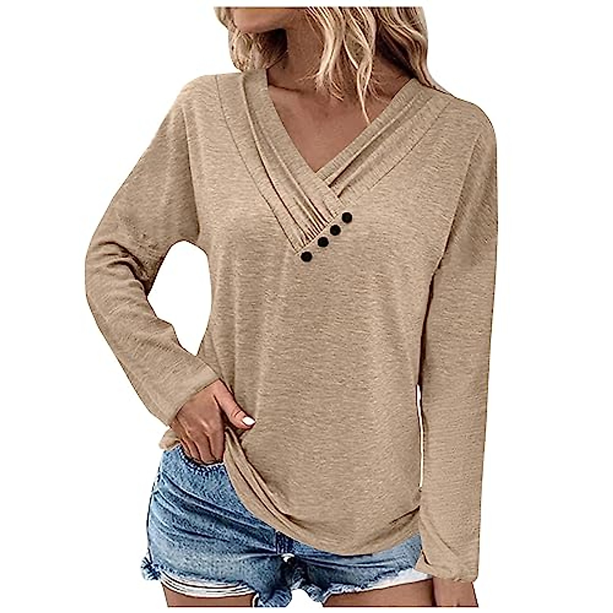 Womens Fall Fashion 2023 Casual Clothes Long Sleeve Shirts Plus Size Going Out Tops Blouses for Women Dressy Clothing Tunics Or Tops to Wear with Leggings Loose Fit Vacation Outfits(A Khaki,Medium)