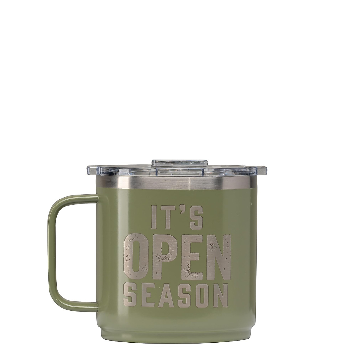 ORCA Camper 16 oz Stainless Steel Insulated Coffee Mug with Handle | Thermos Style Temperature Insulation, Portable Tumbler Cup with a Clear Lid, Home Essentials — Open Season Dark Green Print