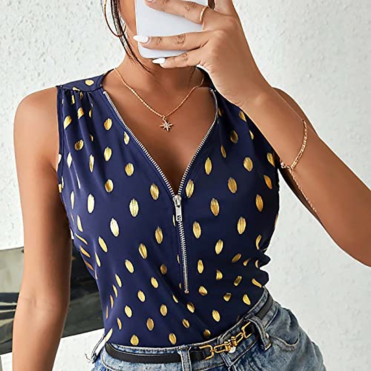 Tank Top for Women Zipper Tank Tops for Women V Neck Dressy Tunic Tops Dots Shirt Fashion Summer Outfits Casual Blouses Trendy Business Casual Outfits for Women Navy
