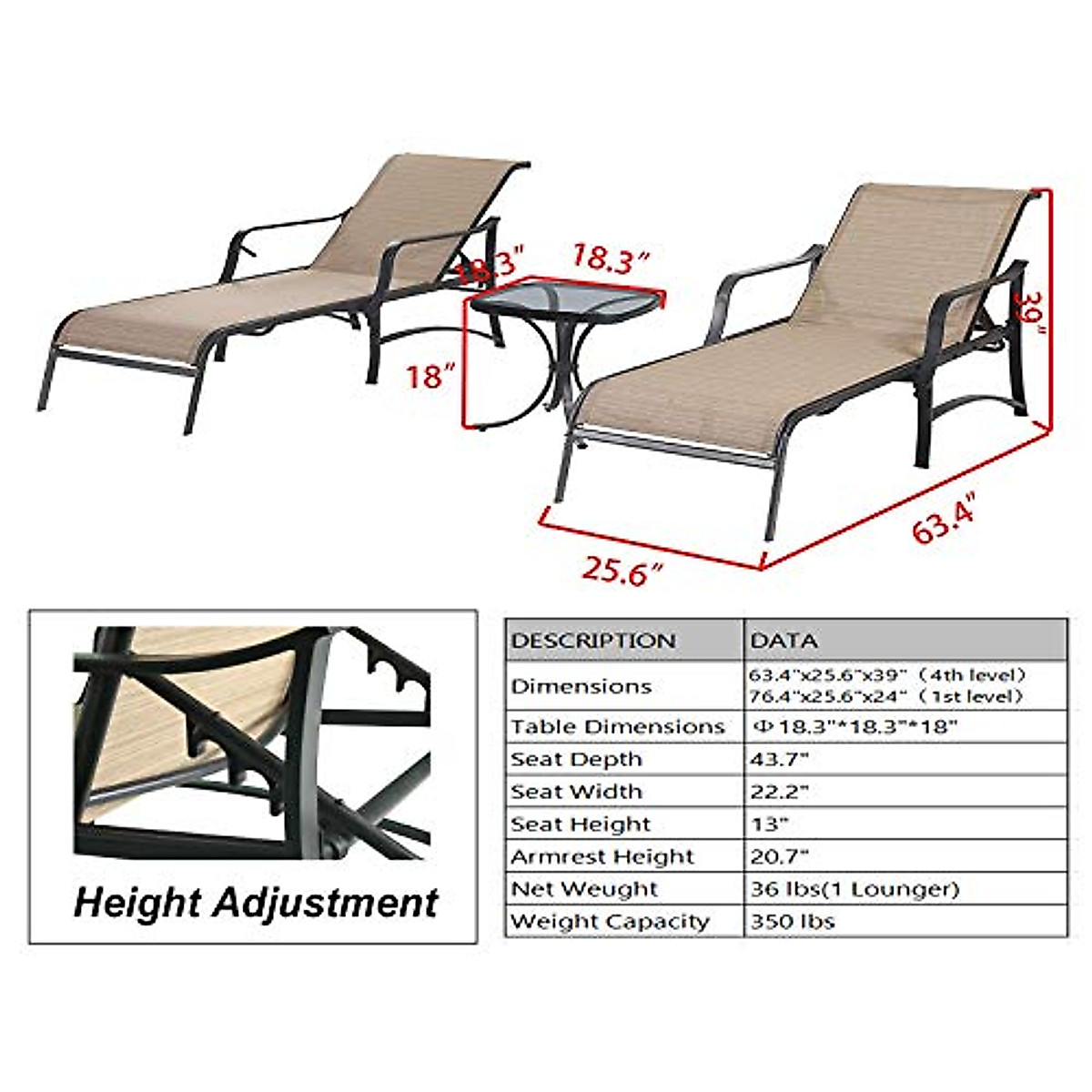 PatioFestival 3 Pieces Patio Chaise Lounge Chairs Set Adjustable Back All Weather with Bistro Table(Beige)