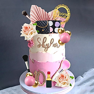 Makeup Cake Topper Cosmetics Artificial Rose Palm Leaves Happy Birthday Cake Toppers Spa Makeup Birthday Party Supplies for Girls (Pink)