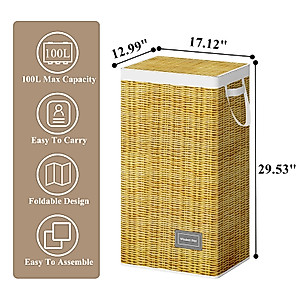 Wisdom Star Full Fabric Laundry Basket with Lid, 100 Gal(100L), Large Laundry Hamper with Handle Removable Bag, Collapsible Clothes Hamper Organize, For Change of Clothes Toys Towels, Wicker Print