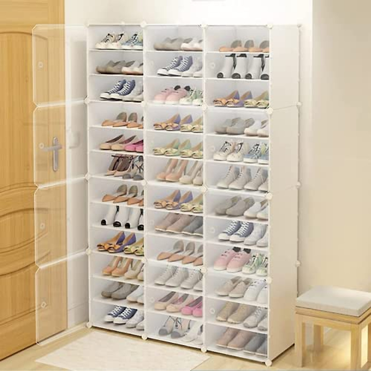 BJTDLLX Shoe Rack Organizer, 3 x 12-Tiers Stackable 72 Pairs DIY Shoe Storage Cabinets Stand, Dust-proof Shoe Rack Shelf Clear Plastic Shoe Boxes Foldable Shoe Storage Rack for Heels Boots Slippers