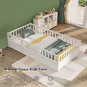 Tatub Twin Floor Bed with Elevated Safety Guardrails and Door, Montessori Floor Bed for Kids, Wood Kids Floor Beds Frame, Twin-White