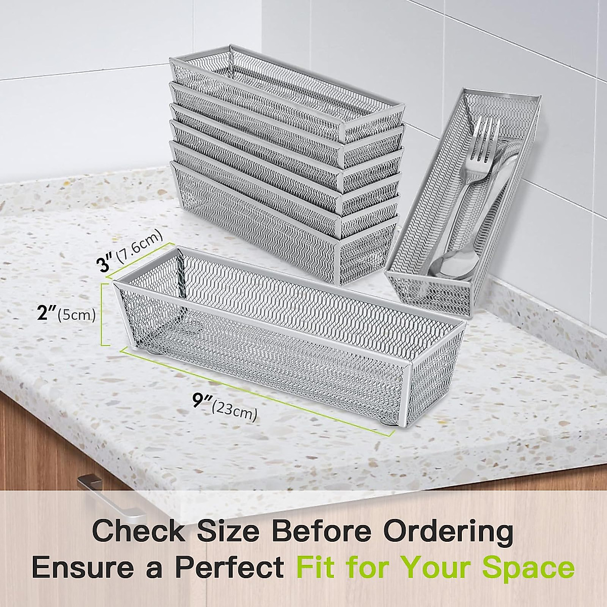 Neudeco Mesh Drawer Organizer, Silverware Organizer for Kitchen Drawer?Utensil Metal Organizer for Flatware, Knives, Cosmetic (Silver 9 * 3 * 2 inch Pack6)