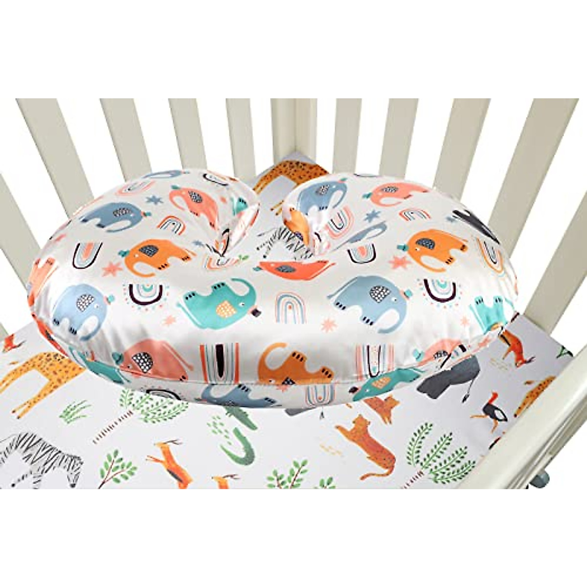 Satin Nursing Pillow Cover Set 2 Pack Ultra Soft Silk Compatible with Boppy Pillow Protect for Baby Hair and Skin Elephant & Rhino Lion