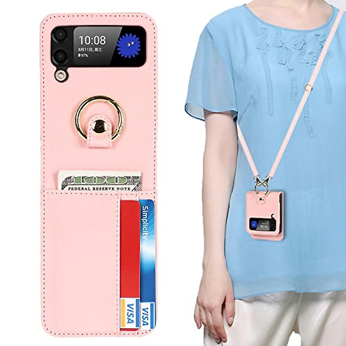 SailorTech Wallet Case for Samsung Galaxy Z Flip 4 5G 2022 Crossbody Lanyard Cases with Ring 4 Card Slots Lanyard, Ultra Slim PU Leather Back Cover Phone Cases for Women Pink