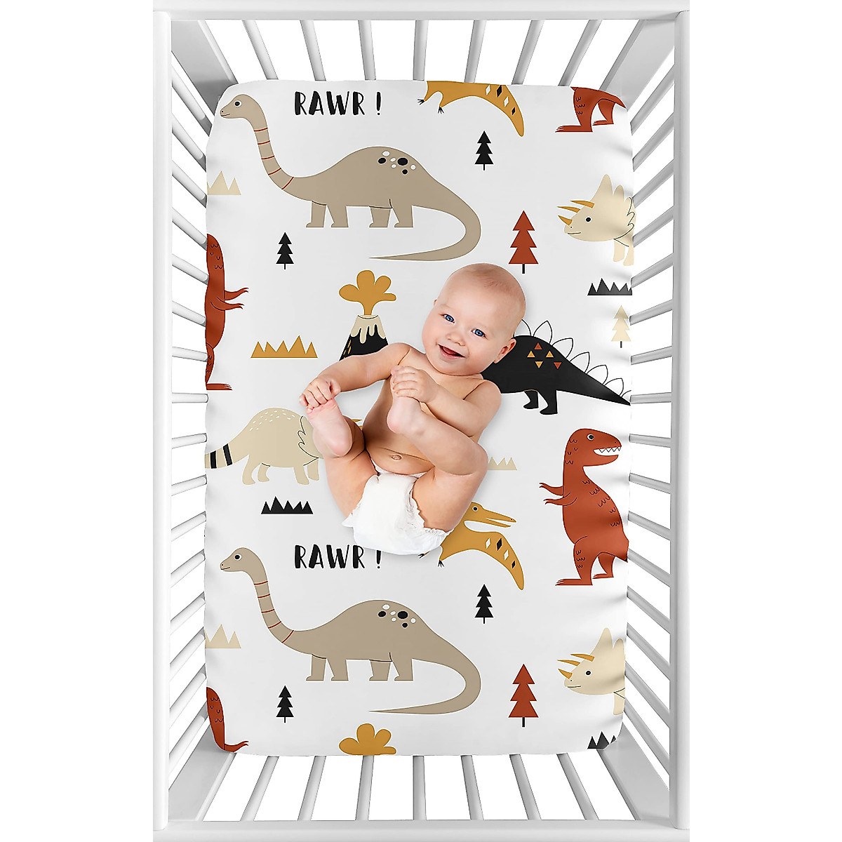 Sweet Jojo Designs Mod Dino Boy Girl Fitted Mini Crib Sheet Baby Nursery Portable Crib Pack Play - Orange Tan Rust Taupe Mustard Yellow Beige Brown Black Modern Dinosaur Boho Dinosaurs Gender Neutral