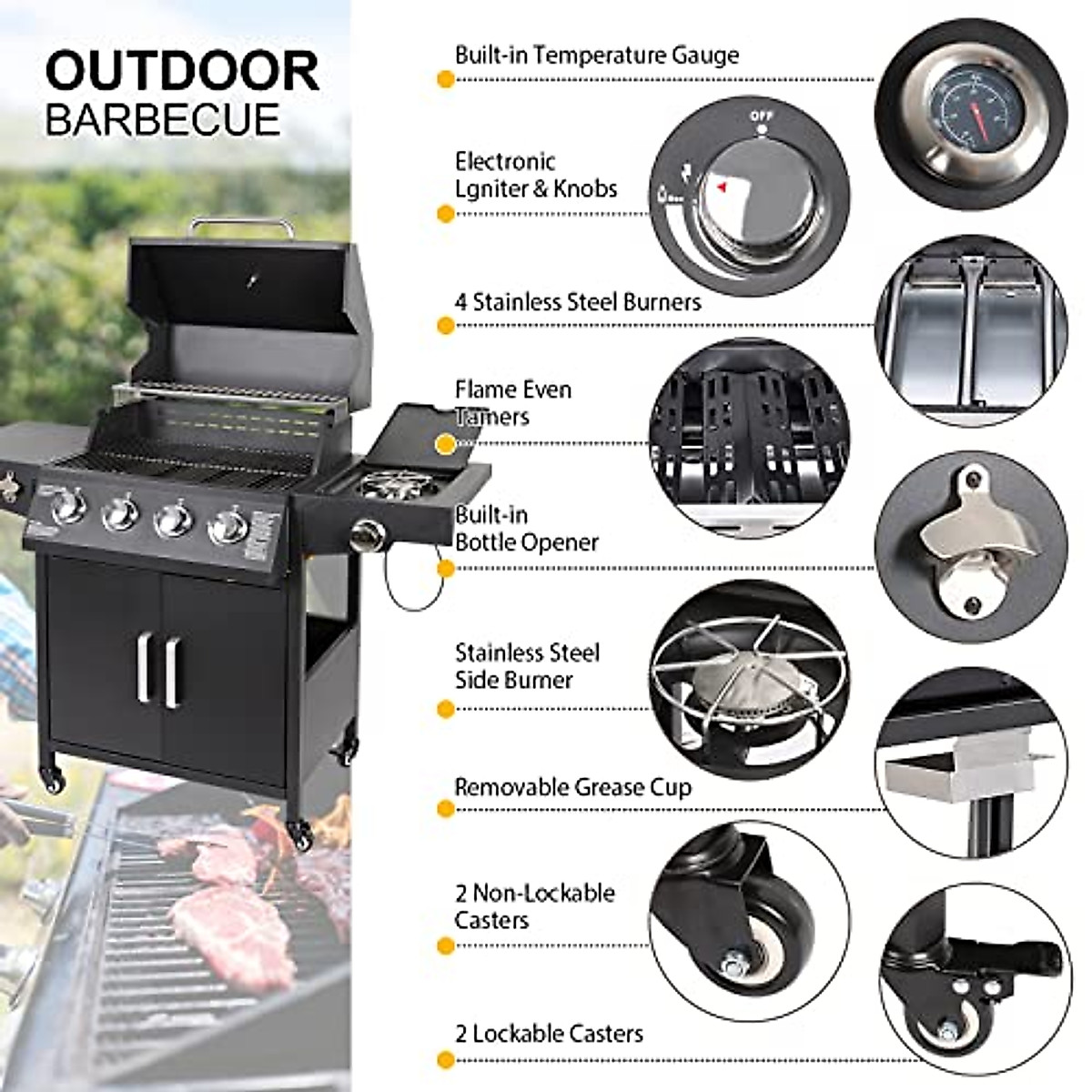 Propane Gas Grill 4 Burners with Side Burner Freestanding Grill Cart with Wheels for Outdoor Garden Cooking Barbecue Grill, Black