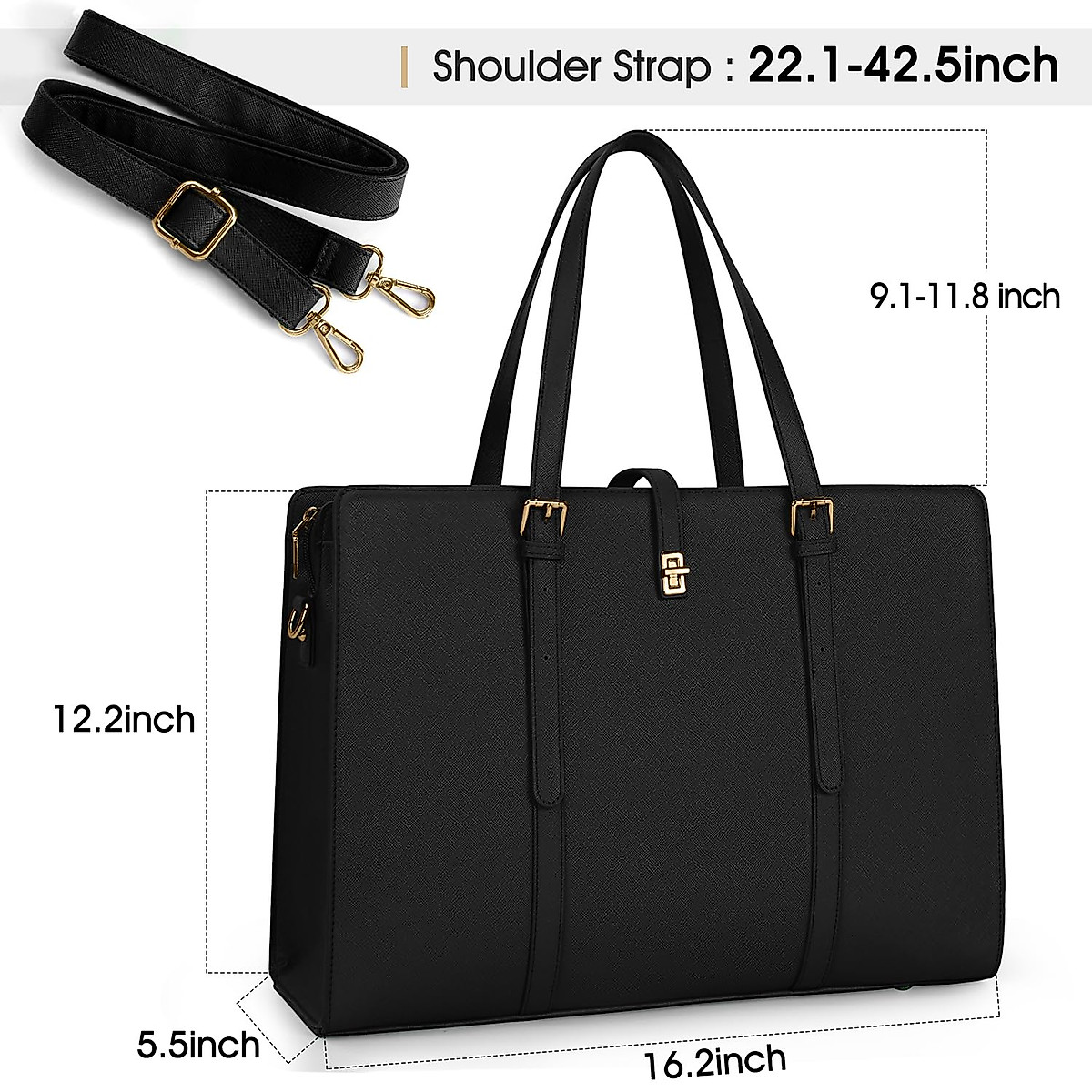 Laptop Bag for Women 15.6 Inch Leather Laptop Tote Bag Waterproof Womens Work Shoulder Bag Professional Computer Briefcase Business Office Bag Large Capacity Fashion Handbag Black