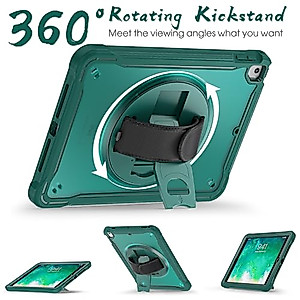 BRAECNstock for iPad Case 9.7 inch iPad 6th Gen 2018/5th Gen 2017/iPad Air 2/Pro,Shockproof Cover with Kickstand&Screen Protector,Kids Case with Pen Holder/360°Rotate Stand+Hand Strap-Midnight Green