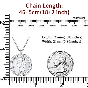 Mercury Dime Coin Pendant Necklace, 925 Sterling Silver Vintage American Coin Round Medallion Pendant with 18" Chain Necklace Mothers Day Jewelry Gifts for Moms