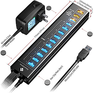 SmartDelux Powered USB Hub - USB 3.0 Ports Hub with 3 Smart Charging Ports, Power Adapter, Long Cord, LEDs (13-Port USB Hub)