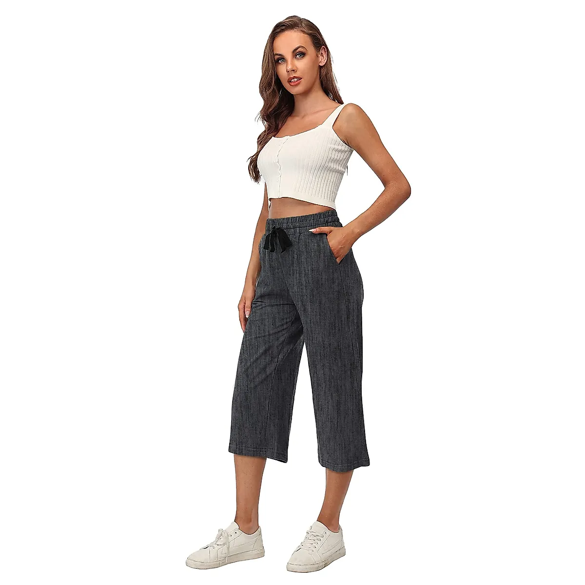 RESHE Womens Capri Pants Wide Leg Loose Comfy Drawstring Lounge Pajama Pants Yoga Capris with Pockets (Deep Hemp Gray, S)