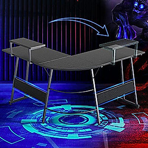 Bestier LED Gaming Desk Carbon Fiber Black L Shaped Computer Desk with Monitor Shelf Corner PC Gaming Table 2 Headset Hooks Home Office L Desk, 20 LED Modes 51 Inch