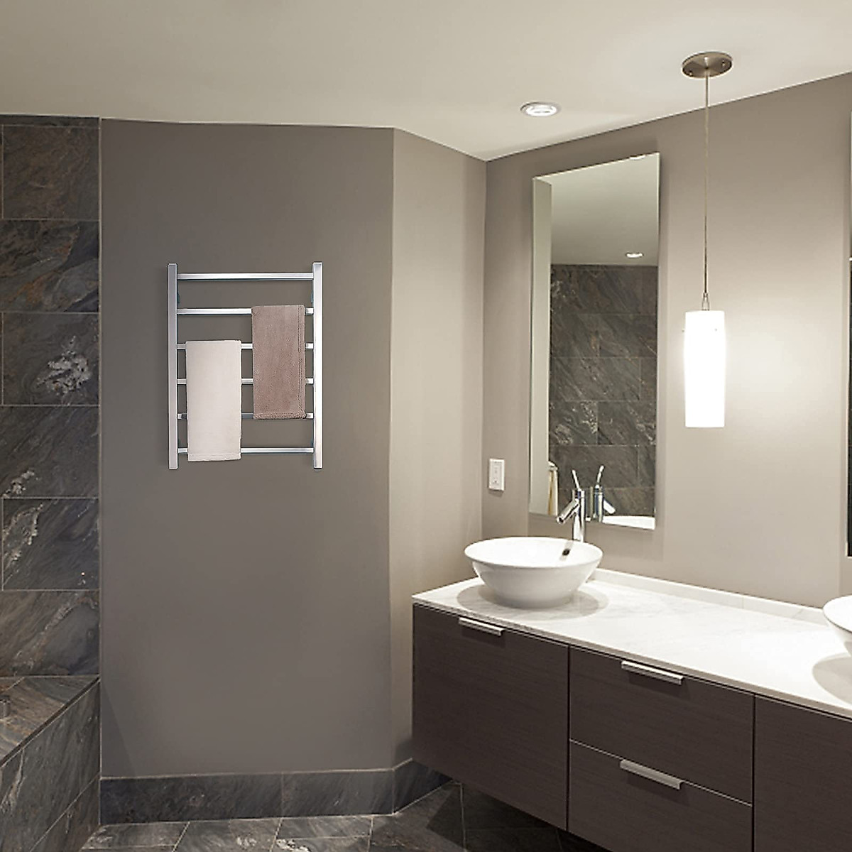 SHARNDY Towel Warmer Polished Chrome for Bathroom Wall Mounted Bath Towel Heater Plug-in Square 6 Bars Drying Rack Stainless Steel Electric Heated Towel Rack ETW13 68W 26.77x20.47x4.13 inches