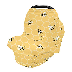 YYZZH Cute Bee On Honey Yellow Honeycomb Pattern Stretchy Baby Car Seat Cover Infant Canopy Nursing Covers Breastfeeding Cover Breathable Windproof Winter Scarf for Boys Girls