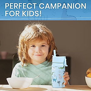 Lexlion Water Bottle 14 Oz, Triple Walled Insulated Stainless Steel Odor & Strain Resistant Reusable Bottle, 1 straw Lid, Leakproof, Metal Mug Gallon, BPA Free, Blue Zoo