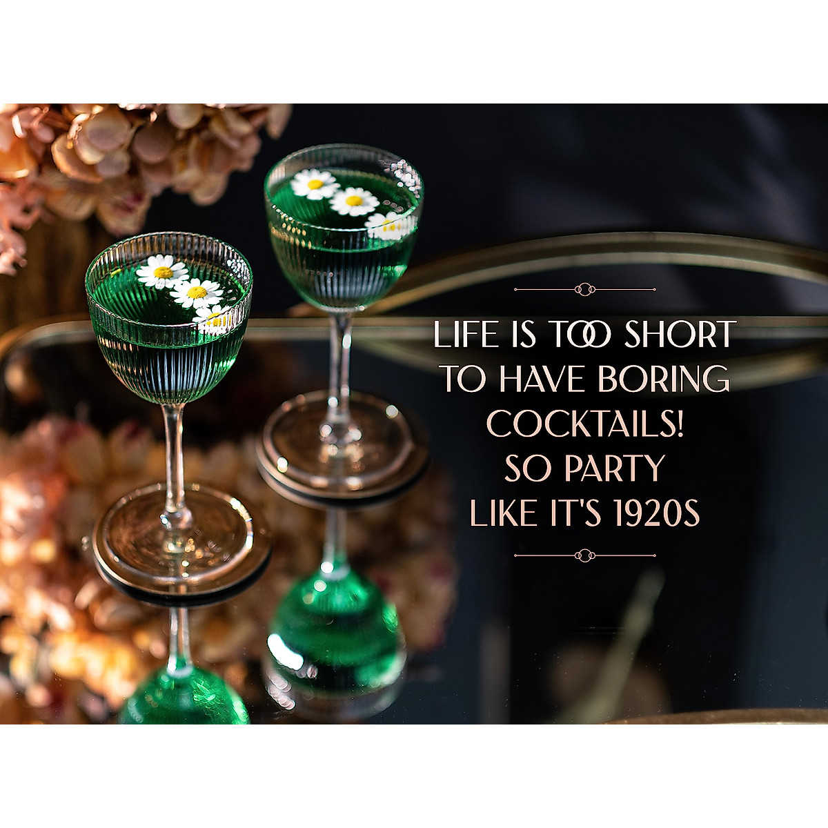 Vintage Art Deco Nick and Nora Coupe Glasses | Set of 4 | 5 oz Crystal Ribbed Cocktail Glassware for Drinking Classic Gin, Whiskey, Vodka Bar Drinks | Retro Long Stemmed Barware Goblets