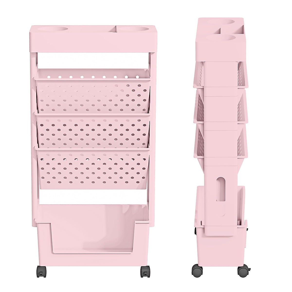 yeavs 5-Tier Mobile Bookshelf, Rolling Bookcase Book Storage Rack, Movable File Folder Organizer Cart with Wheels for Home Study Office Living Room Classroom, Pink