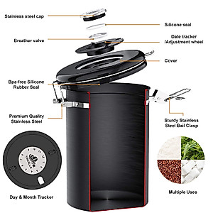 Airtight Coffee Canister, Large Stainless Steel Coffee Bean Storage Container for Kitchen with Date Tracker, Measuring Scoop, One Way Co2 Valve (Extra 6pcs) for Beans, Grounds Tea, Sugar (16OZ, Black)