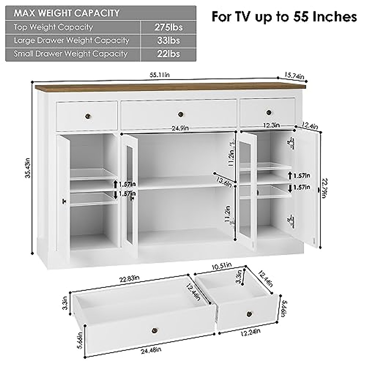 HOSTACK Sideboard Buffet Cabinet with Storage, 55" Large Kitchen Buffet Storage Cabinet with Drawers and Glass Doors, Modern Farmhouse Coffee Bar Cabinet, Wood Buffet Table Dining Room Cabinet, White