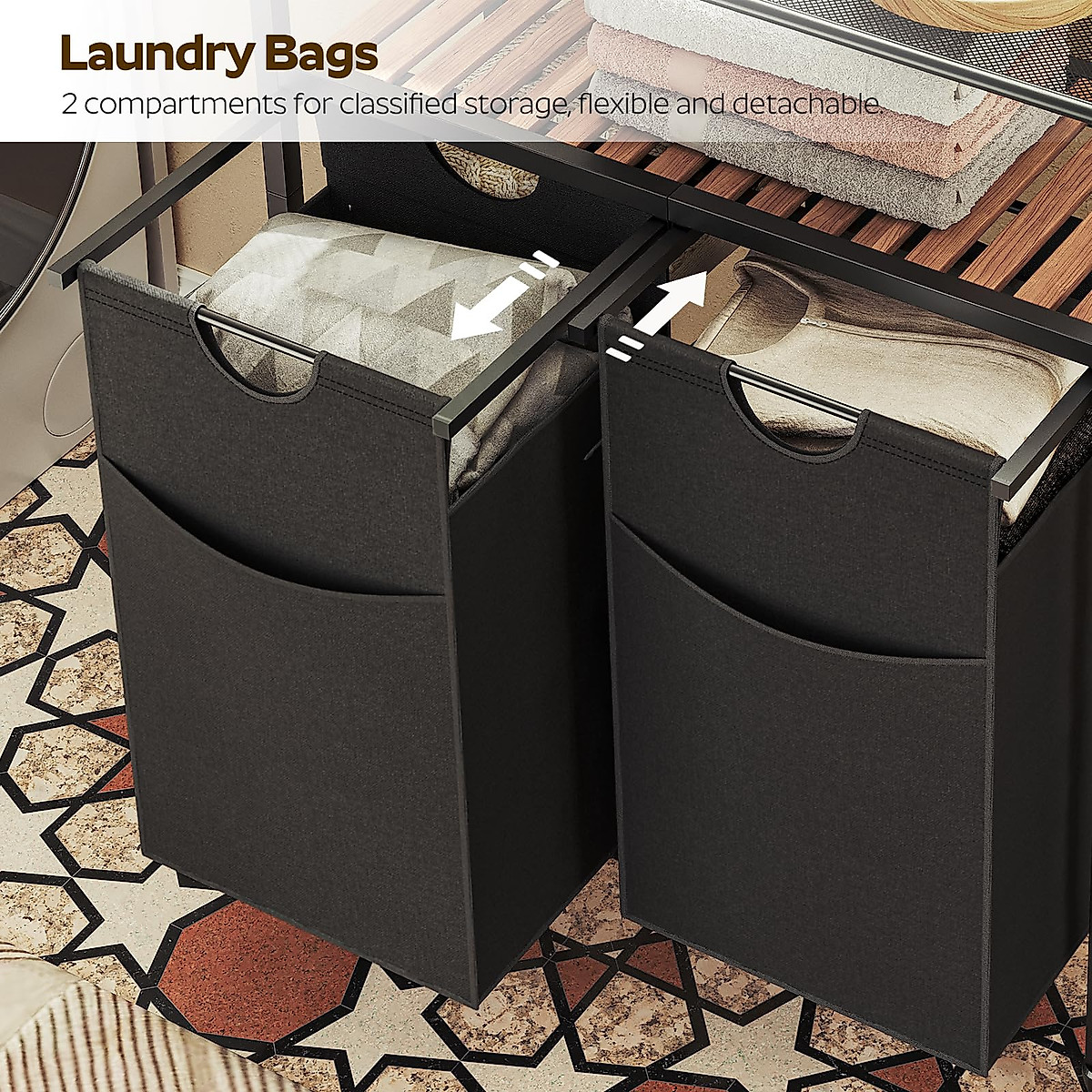 YATINEY Laundry Hamper with Wheels, Laundry Sorter 2 Section, Rolling Laundry Basket, 2 Pull-Out and Removable Laundry Bags, for Laundry Room, Badroom, Rustic Brown LS22BR